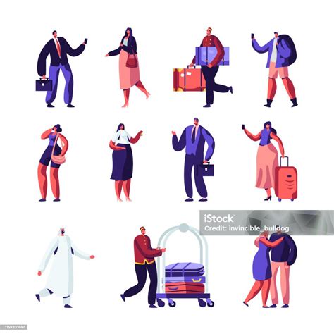호텔 직원과 손님 세트 사업가 접수원 서기 회의 롯지 아랍 유럽 고객 수하물 카트도어맨 모텔의 사람들 숙박 시설 만화 플랫 벡터