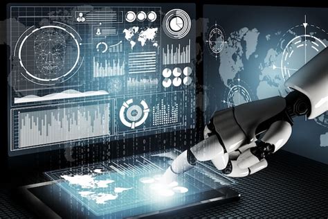 3d 렌더링 미래 로봇 기술 개발 인공 지능 Ai 및 기계 학습 개념 미래 인간의 삶 3d 일러스트레이션을 위한 글로벌 로봇 생체공학 연구 프리미엄 사진