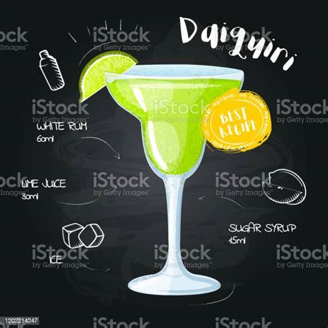 넣지 그려진 칵테일 바에서 음료를 만들기위한 지침 재료의 세트와 검은 칠판에 만화 스타일의 이미지입니다 벡터 일러스트레이션