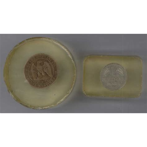 2 Lucite Encased Coins 1957 Germany 1 Mark 1864 France 10 Centimes