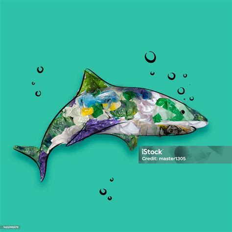 쓰레기와 플라스틱 쓰레기로 가득 찬 그려진 물고기 상어가있는 현대 개념 예술 콜라주 오염 환경 보호 생태학 세계 사회 및 생태 문제 비닐 봉지에 대한 스톡 사진 및 기타