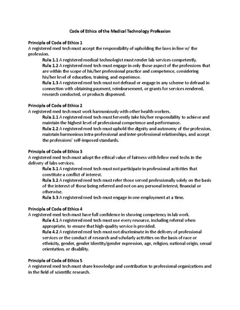 Code Of Ethics Of The Medical Technology Profession Rule 1 A