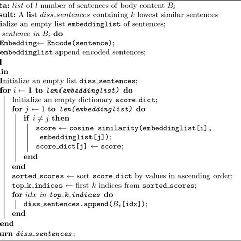 The Pseudocode For Finding Dissimilar Sentences Download Scientific