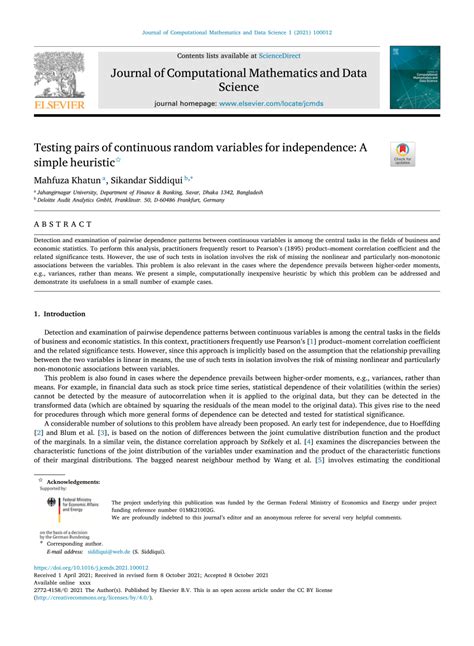 Pdf Testing Pairs Of Continuous Random Variables For Independence A Simple Heuristic