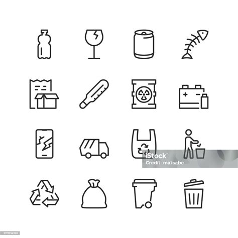 쓰레기 선형 스타일 아이콘 세트 다양한 종류의 쓰레기 플라스틱 유리 철 유기물 종이 의료 화학적으로 위험한 방사성 배터리 분류 편집 가능한 획 너비 가방에 대한 스톡 벡터
