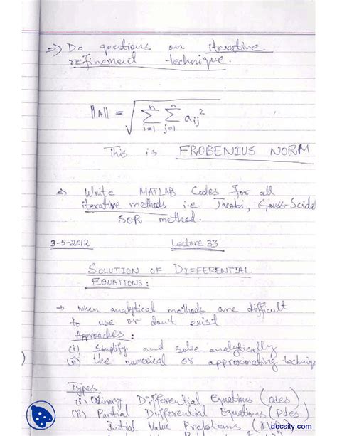 Solution Of Differential Equations Numerical Methods Lecture Notes Docsity