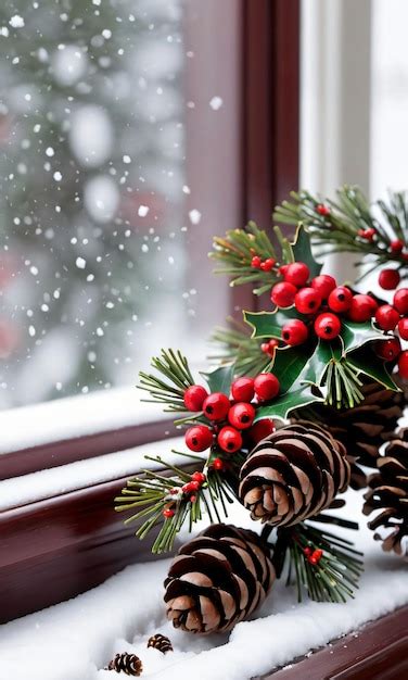 Premium Ai Image Pine Cones And Holly Decorating A Snowy Window Ledge Daylight Midangle