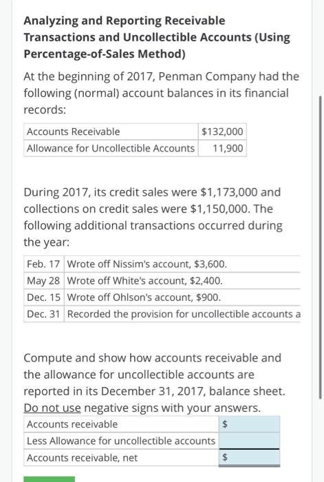 Solved Analyzing And Reporting Receivable Transactions And