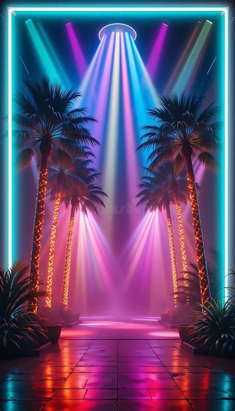 Neon Tropical Pathway With Palm Trees And Vibrant Light Beams Stock Illustration Illustration