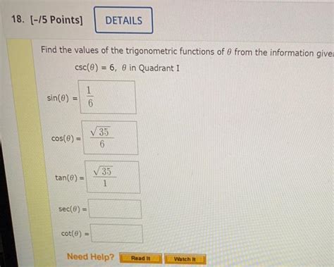 Solved Find The Values Of The Trigonometric Functions Of θ