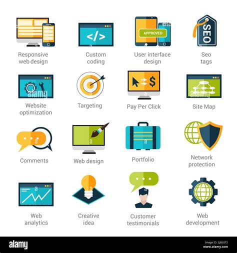 web development icons set with responsive design custom coding seo tags