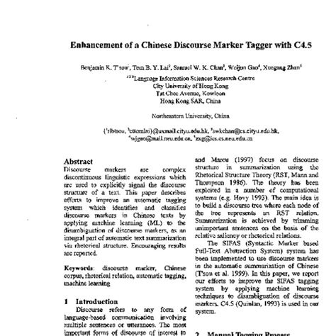 Enhancement Of A Chinese Discourse Marker Tagger With C45 Acl Anthology
