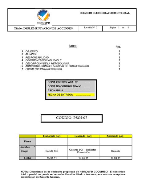 Implementacion De Acciones Psgi 07 Rev2 Pdf Seguridad Y Salud Ocupacional Business