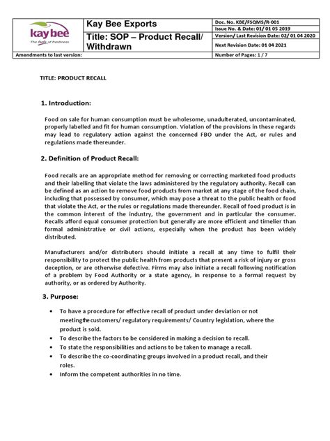 Sop Product Recall Pdf Regulation