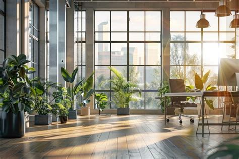 Corner View On Bright Office Interior With Panoramic Windows Premium