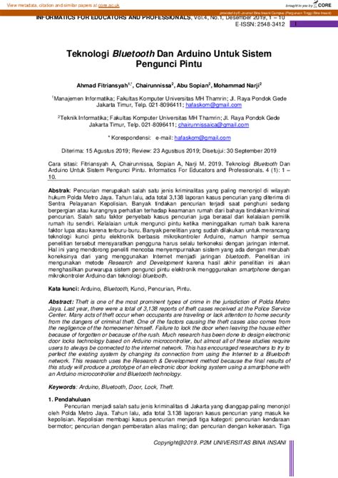 Pdf Teknologi Bluetooth Dan Arduino Untuk Sistem Pengunci Pintu