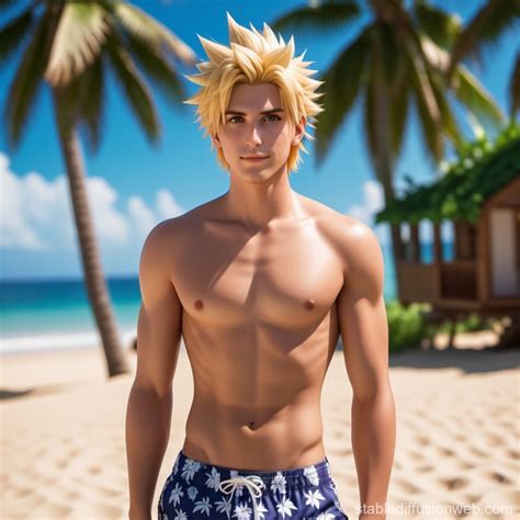 Sam From Stardew Valley Wearing Beach Shorts With No Shirt And Blond
