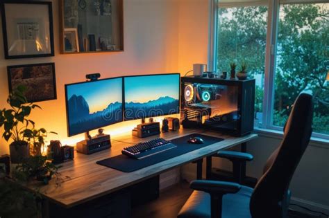 High Tech Dual Monitor Home Office Setup With Ergonomic Chair And