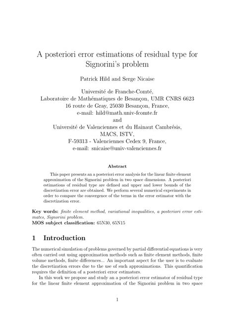 Pdf A Posteriori Error Estimates Of Residual Type For Signorinis Problem