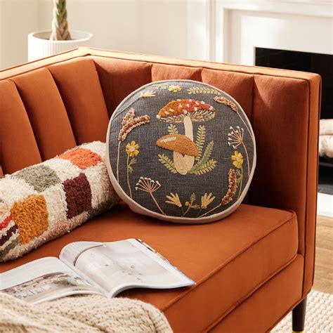 Round Charcoal Embroidered Mushroom Throw Pillow World Market