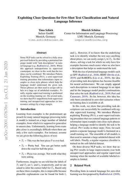 exploiting cloze questions for few shot text classification and natural