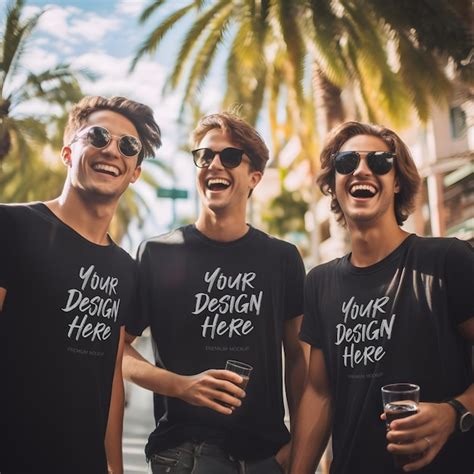 Premium PSD Party Time Outdoor Black Tshirt Mockup With Guys Wearing