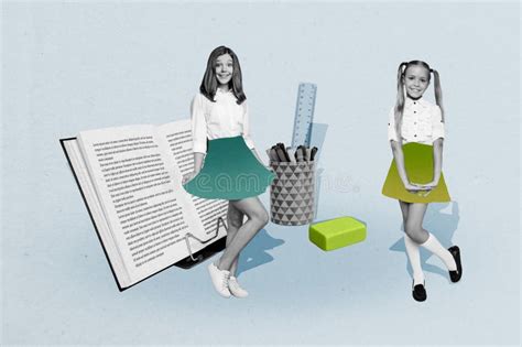 Composite Photo Collage Of Happy Classmates Girl Wear Uniform Book