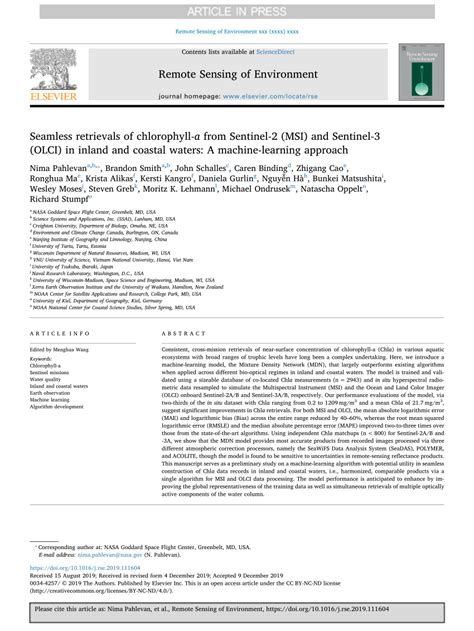 Pdf Seamless Retrievals Of Chlorophyll A From Sentinel 2 Msi And Sentinel 3 Olci In Inland