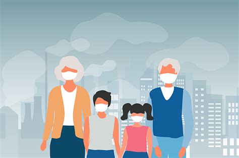 얼굴 마스크를 착용 민감한 사람들은 도시 공장 파이프 및 산업 스모그 벡터 일러스트 레이 션에서 연기 먼지 및 대기 오염을 보호합니다 환경 및 대기 오염 개념 배경