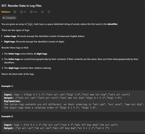 Leetcode리트코드 No937 로그 파일 재정렬reorder Data In Log Files Python