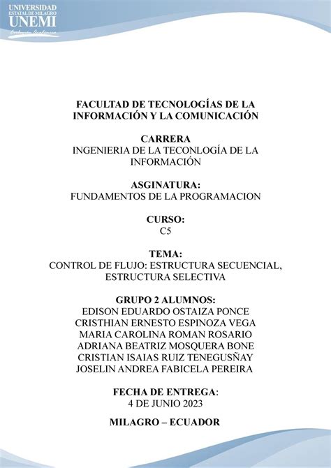 Grupo Deber DE Fundamentos DE Programacion Algoritmos Y Lógica De Programación Studocu