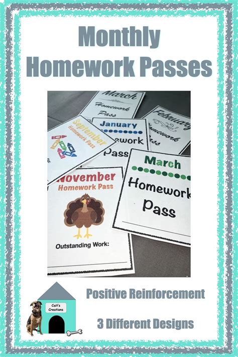 Back To School Resource Printable Monthly Homework Passes Homework