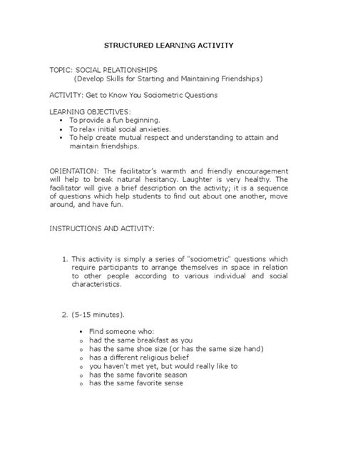 Structured Learning Experience Pdf Friendship Facilitator