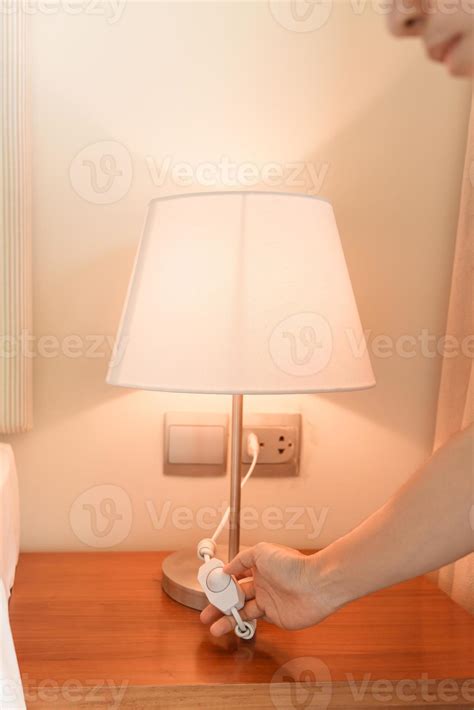 Woman Hand Turning On Or Turning Off Switch The Minimal Lamp In Modern Bedroom Apartment Living