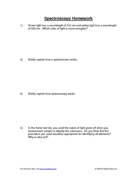 Spectroscopy Homework Worksheet For 9th 12th Grade Lesson Planet