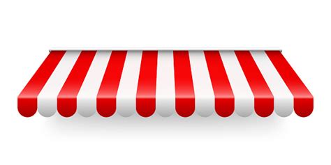 흰색 배경에 고립 된 빨간 가게 선쉐이드 사실적인 줄무늬 카페 차양 야외 시장 텐트 지붕 캐노피 여름 거리 상점 벡터 일러스트레이션 가리기에 대한 스톡 벡터 아트 및 기타