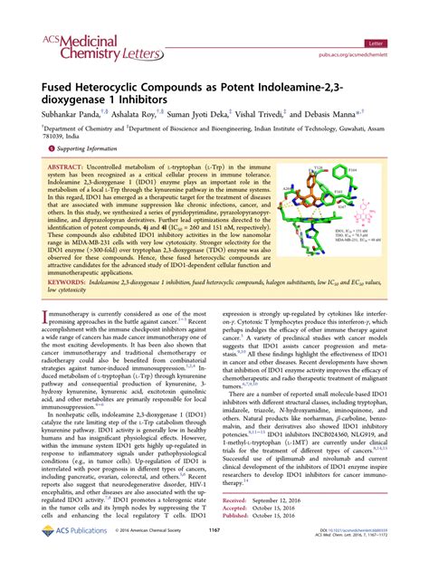 Pdf Fused Heterocyclic Compounds As Potent Indoleamine 2 3 Dioxygenase 1 Inhibitors