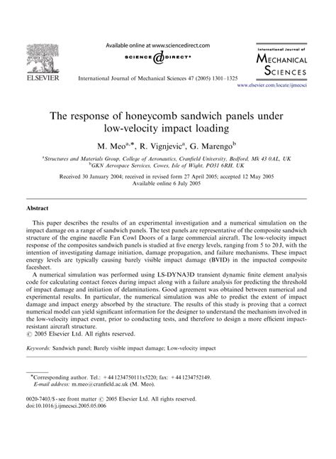 Pdf The Response Of Honeycomb Sandwich Panels Under Low Velocity Impact Loading