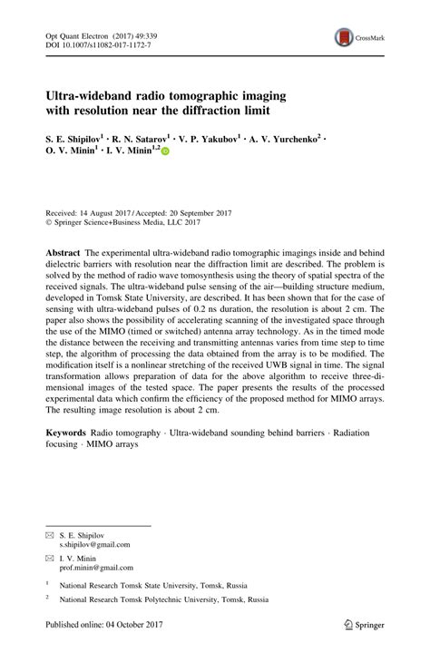 Pdf Ultra Wideband Radio Tomographic Imaging With Resolution Near The Diffraction Limit