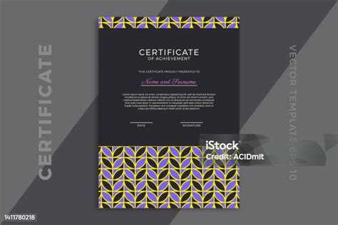 졸업 또는 과정 완료를위한 트렌디 한 비즈니스 디플로마 모형 현대적인 최소한의 기하학적 패턴을 가진 감사의 수직 어두운 템플릿 벡터 배경 Eps 10 감사장에 대한 스톡