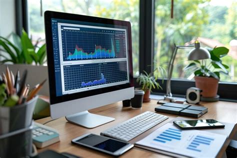 workspace with a computer displaying analytics and graphs surrounded by