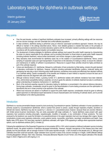 Laboratory Testing For Diphtheria In Outbreak Settings Interim Guid