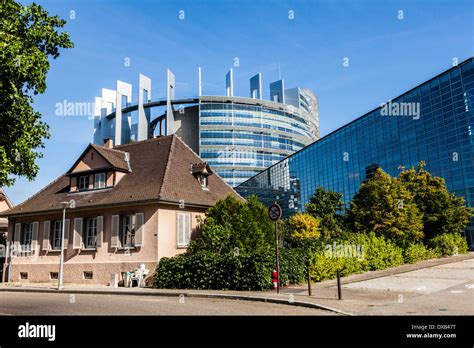 Huge European Parliament Building Overshadowing Local House Strasbourg France Europe Stock