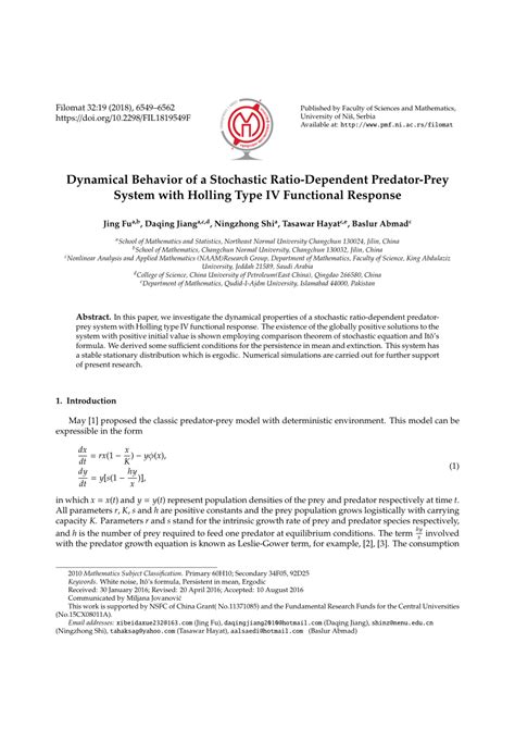 Pdf Dynamical Behavior Of A Stochastic Ratio Dependent Predator Prey System With Holling Type