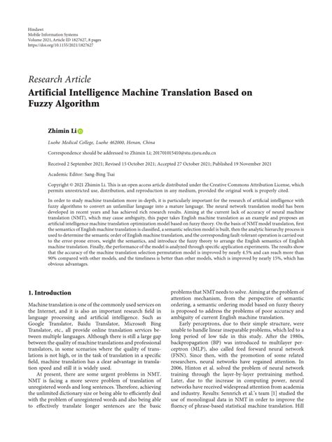 Pdf Artificial Intelligence Machine Translation Based On Fuzzy Algorithm