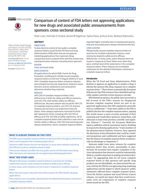 Pdf Comparison Of Content Of Fda Letters Not Approving Applications