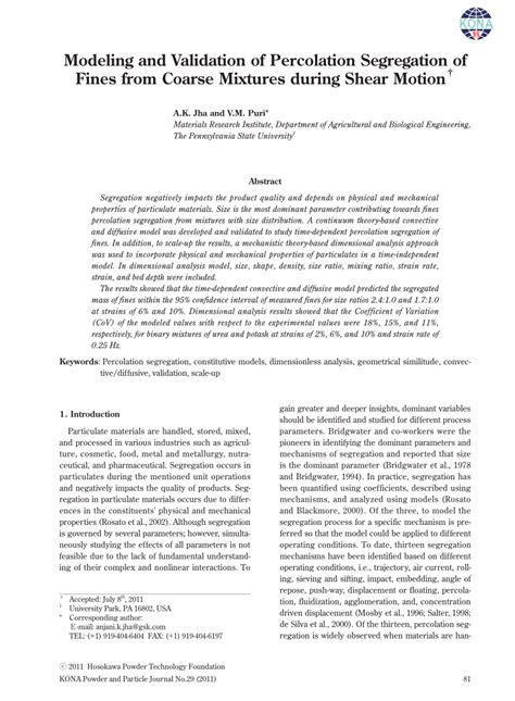 Pdf Modeling And Validation Of Percolation Segregation Of Fines From