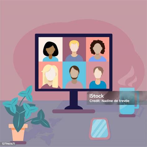 온라인 미팅 업무양식 홈 홈 오피스 동료는 컴퓨터 화면에서 서로 이야기합니다 컨퍼런스 화상 통화 친구들과 채팅 플랫 스타일로 벡터 일러스트레이션 N 가상현실에 대한 스톡