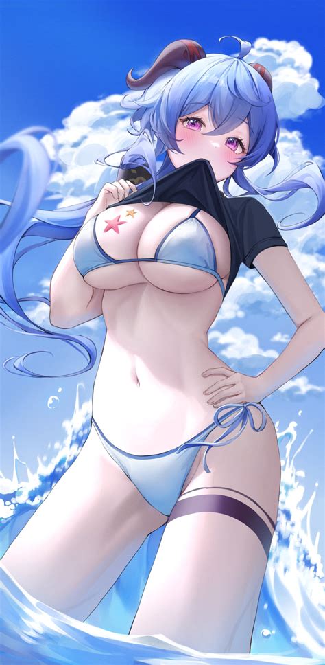 Rule 34 Absurdres Ahoge Alternate Costume Bikini Black Shirt Blue Hair Blue Sky Blush Breasts