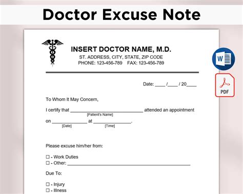 Editable Doctor Excuse Note For Work Printable Doctors Note Template